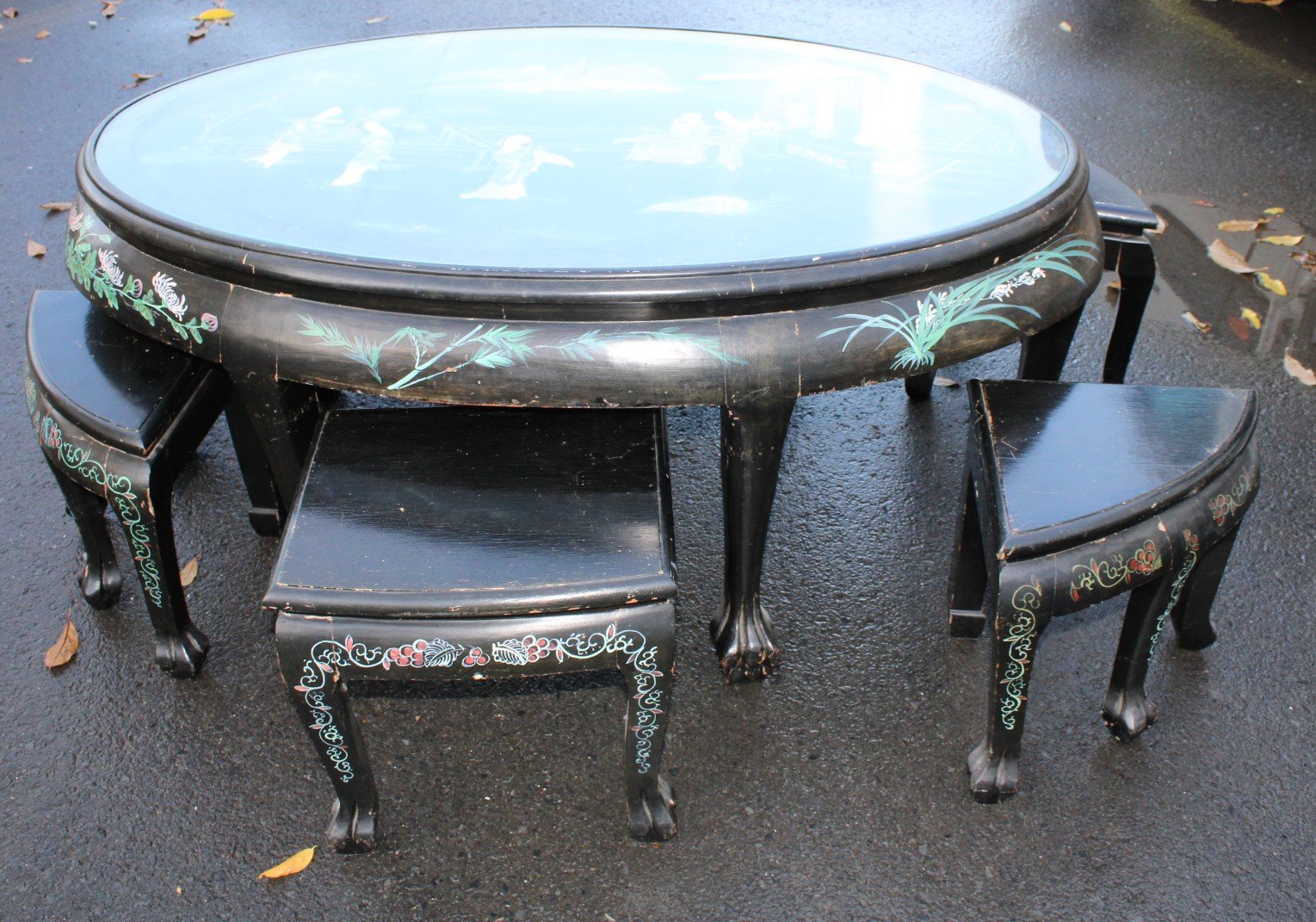 Chinese Black Papier Mache Table and Stools, 1960s, Set of 7 for sale ...