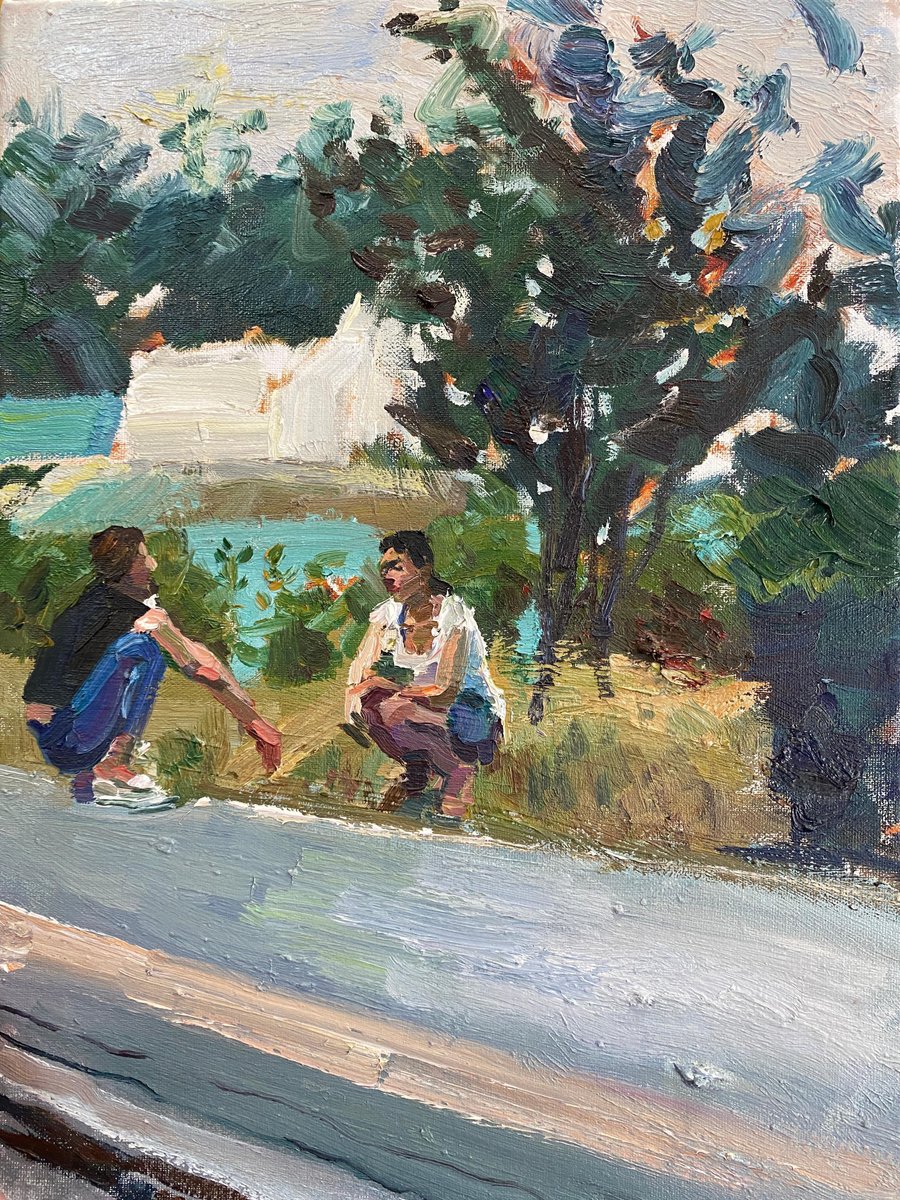 Su Yu, Two Girls on the Roadside, 2022, Oil on Canvas for sale at Pamono