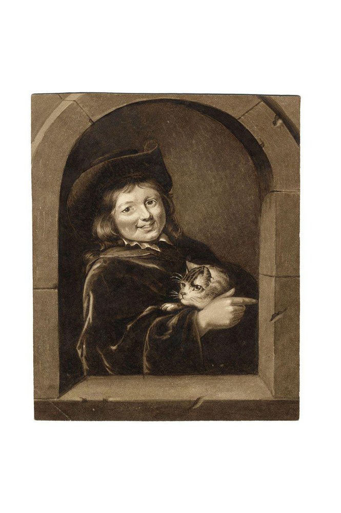 After Gerrit Dou, Boy with Cat Niche Painting, 1830s, Watercolour for ...