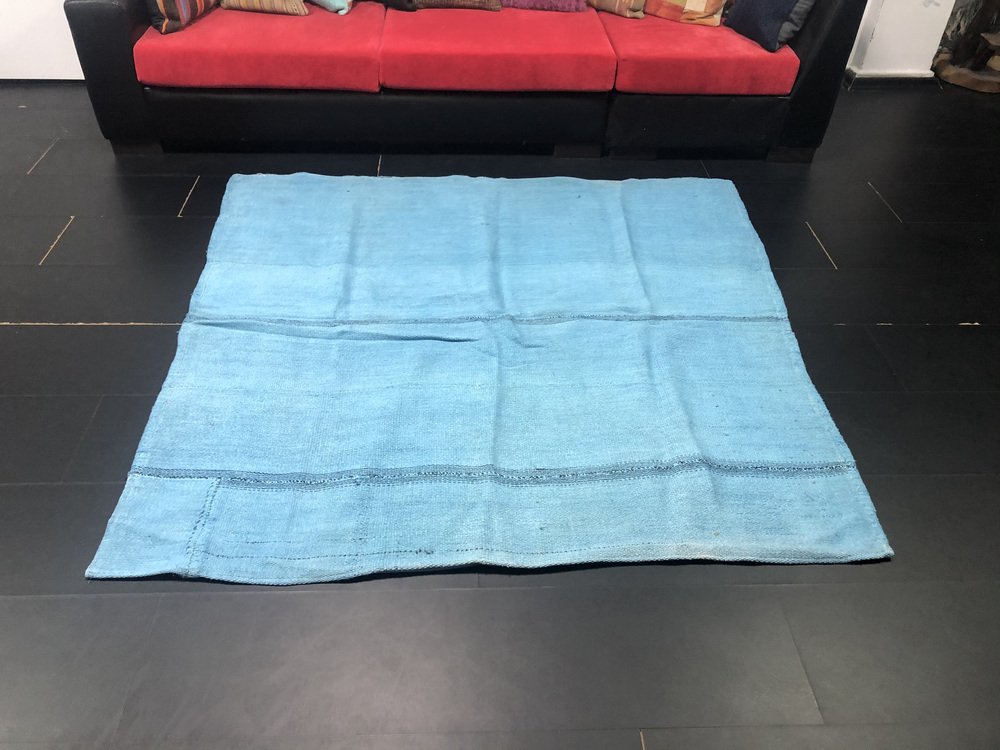 Turkish Blue Color Square Hemp Kilim Rug for sale at Pamono