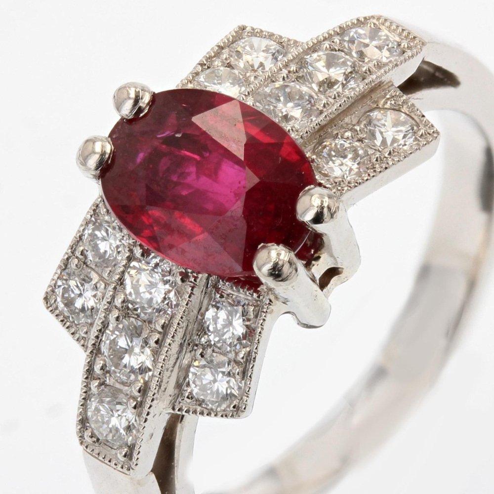 French Modern Art Deco Ruby Diamonds Platinum Ring, 2022 for sale at Pamono