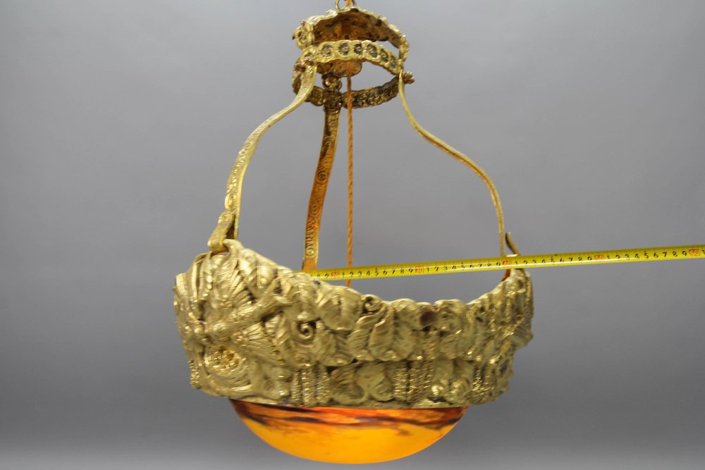 Art Deco French Brass Chandelier with Yellow Pâte De Verre Glass by ...