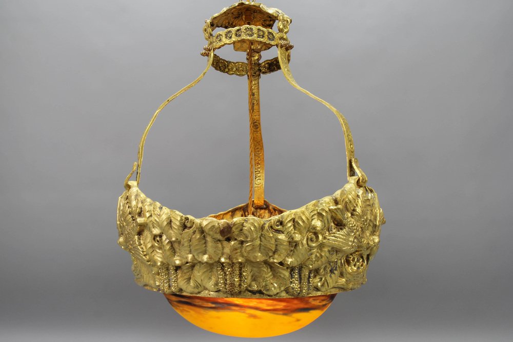 Art Deco French Brass Chandelier with Yellow Pâte De Verre Glass by ...