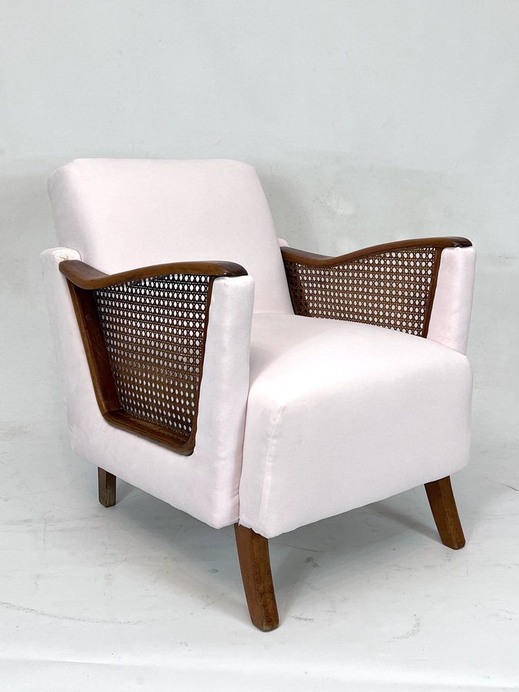 Moderne italienische Mid-Century Sessel aus Holz, Rattan & rosa Samt ...