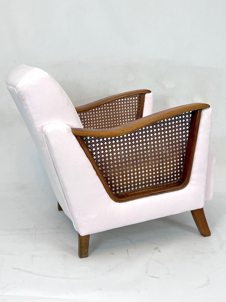 Moderne italienische Mid-Century Sessel aus Holz, Rattan & rosa Samt ...