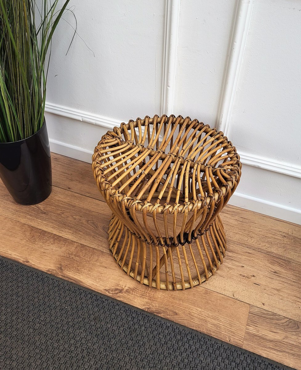 Italian Bohemian French Riviera Stool in Bamboo Rattan, 1960s for sale at Pamono