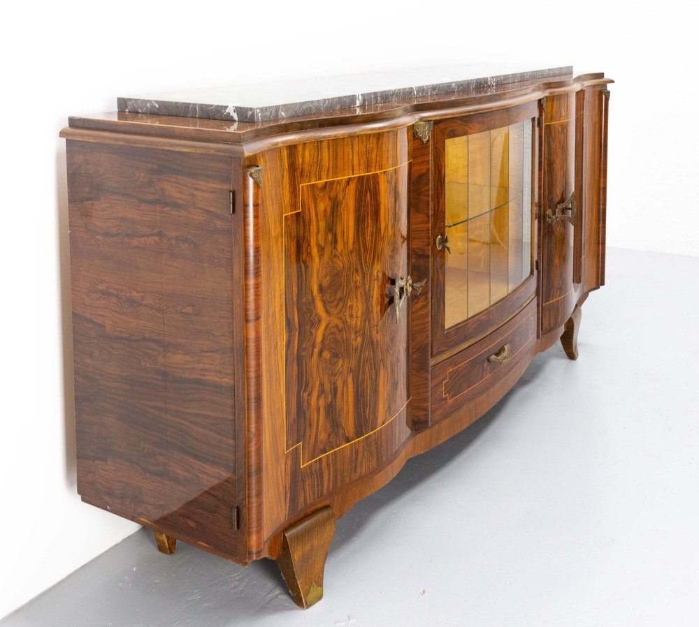 Französisches Walnuss Messing & Marmor Sideboard, 1960er bei Pamono kaufen