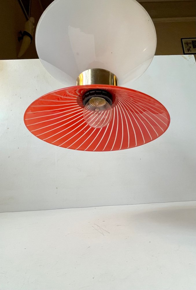 Danish Modernist Diablo Red and White Glass Pendant Light with Brass ...