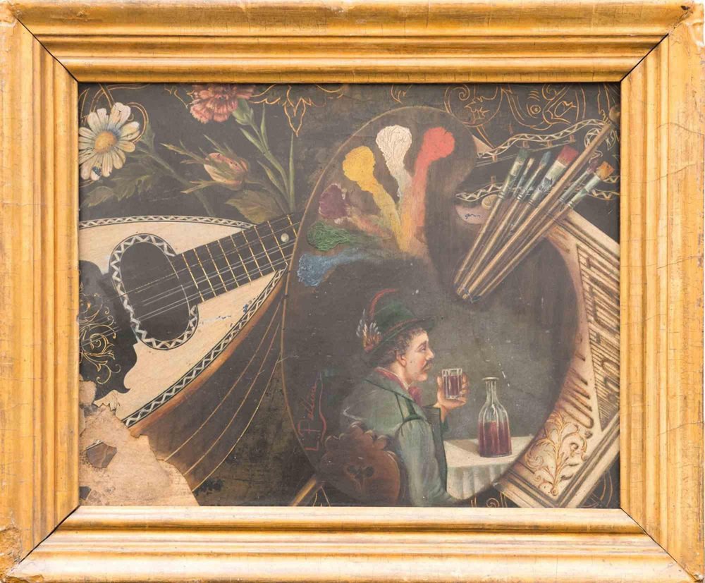 Luigi Pellin, Allegory of Art and Drinking, Early 20th Century, Oil on Canvas, Framed for sale ...