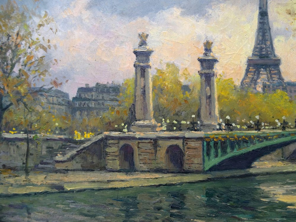 Gustave Madelain, Il ponte Alessandro III e le rive della Senna, XX secolo, olio su tela in ...