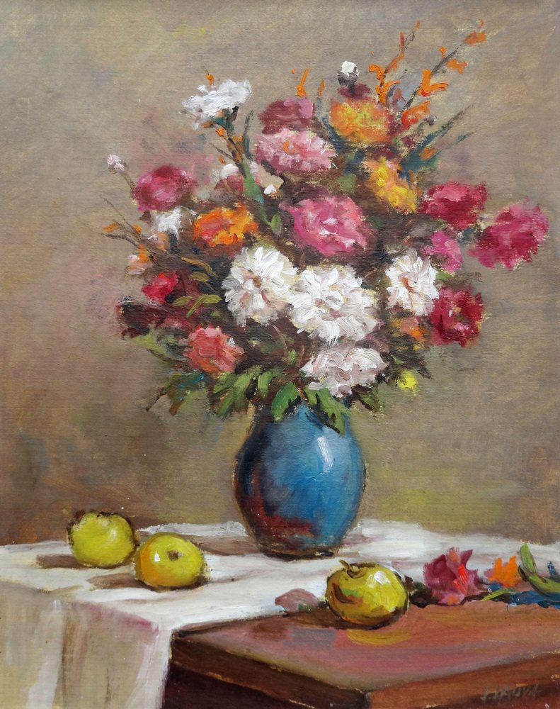 Janis Lauva, Stillleben mit Blumen und Äpfeln, 1964, Öl auf Karton bei ...