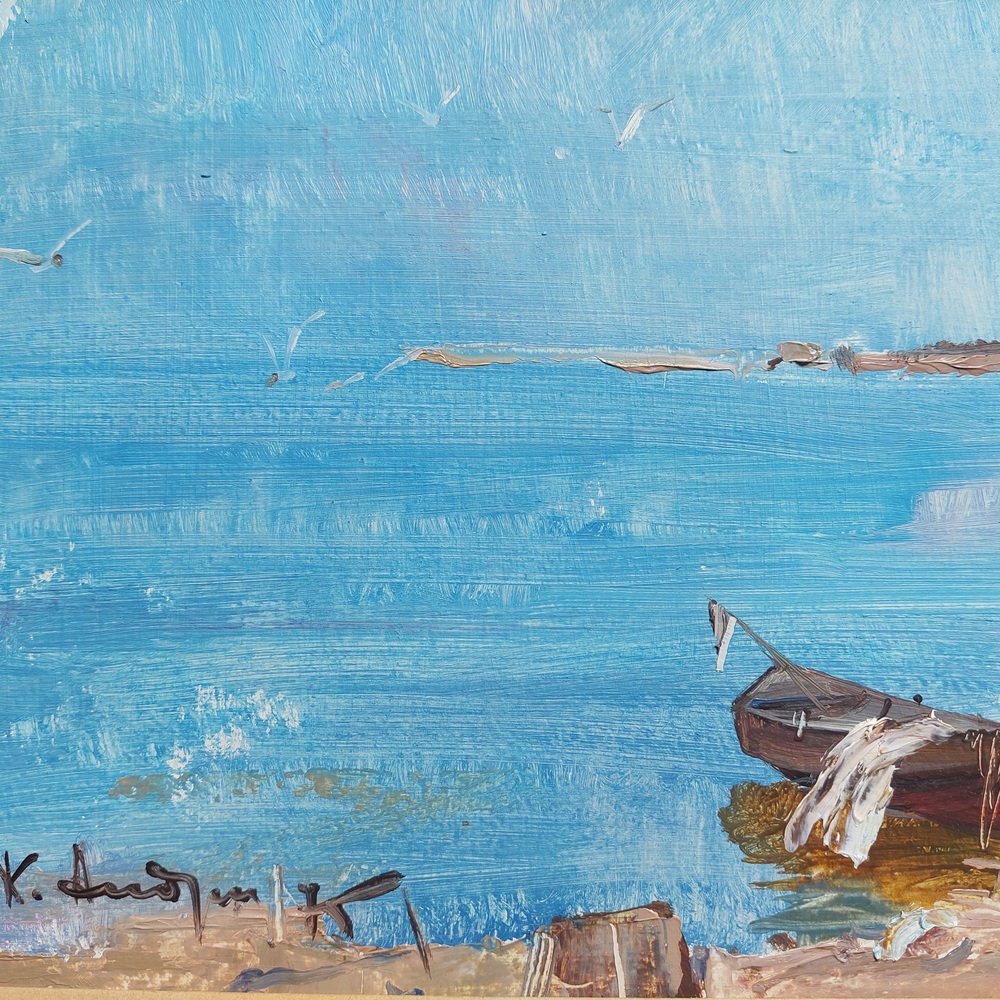 Andrejevs Konstantins, Boote an der Küste, 1975, Öl auf Karton bei ...