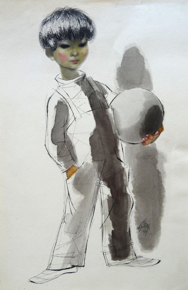 Gunars Vindedzis, A Boy with a Ball, 1969, Ink & Watercolor on Paper ...
