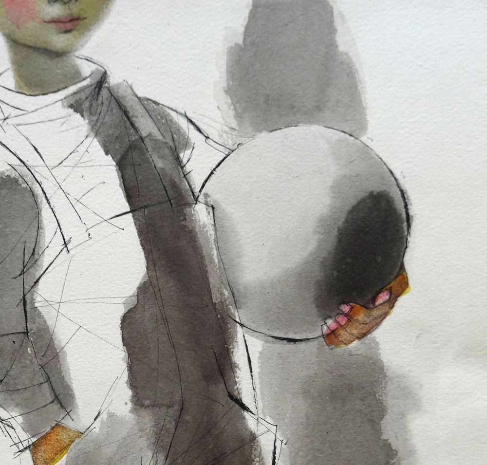 Gunars Vindedzis, A Boy with a Ball, 1969, Ink & Watercolor on Paper ...