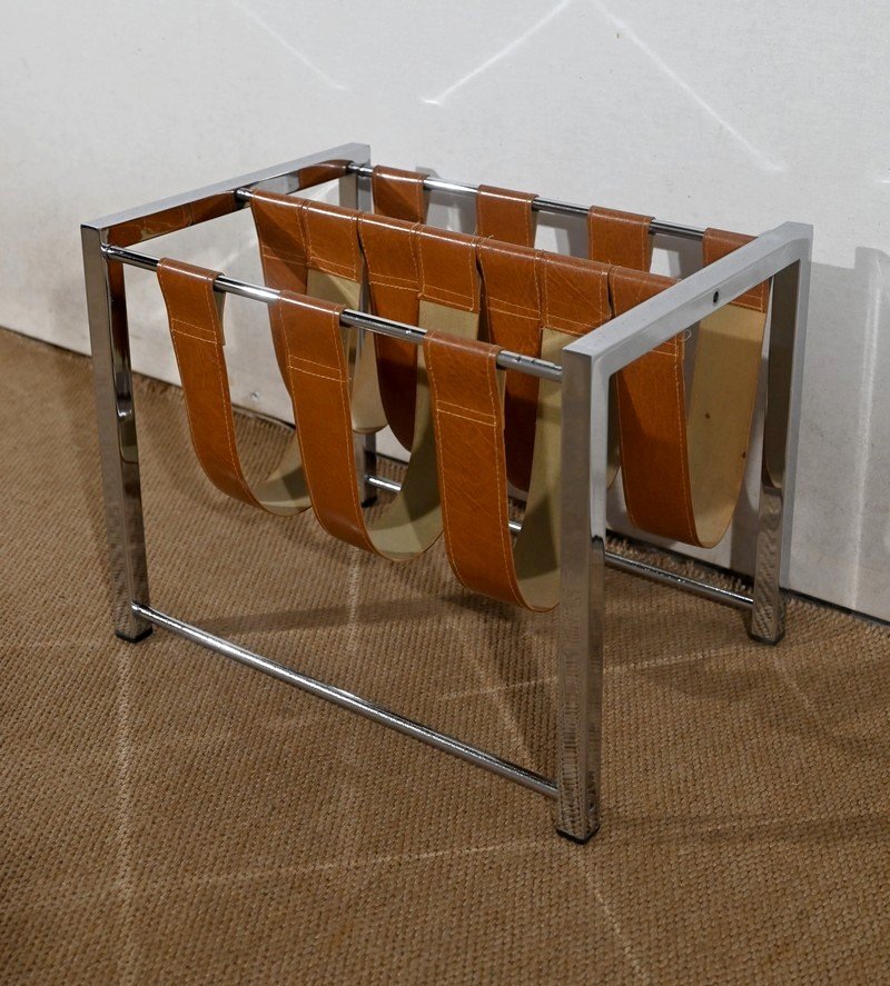 Leather and Chrome Magazine Rack from Novatrend, 1980s for sale at Pamono