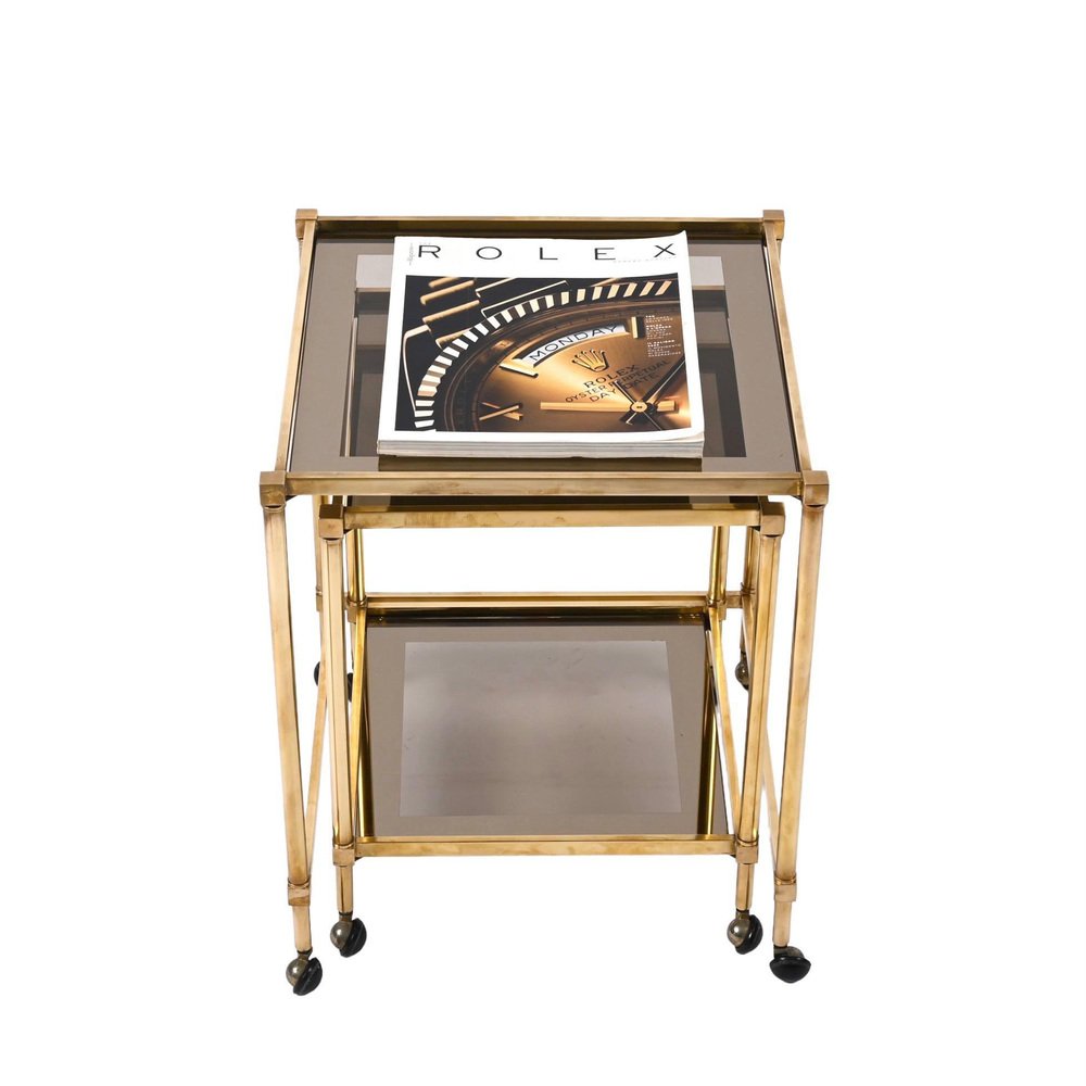 Brass Mirrored Border Nesting Tables with Glass Top from Maison Jansen ...