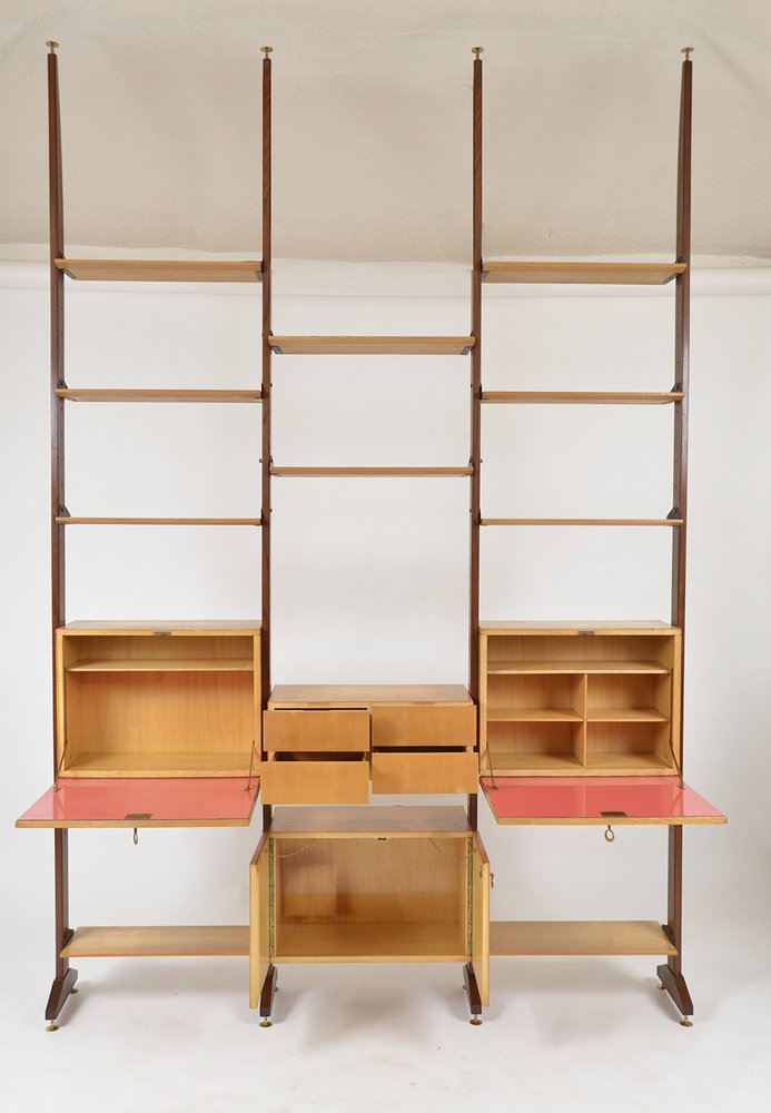 Large Mid-Century Italian Teak & Maple Freestanding Shelving System ...