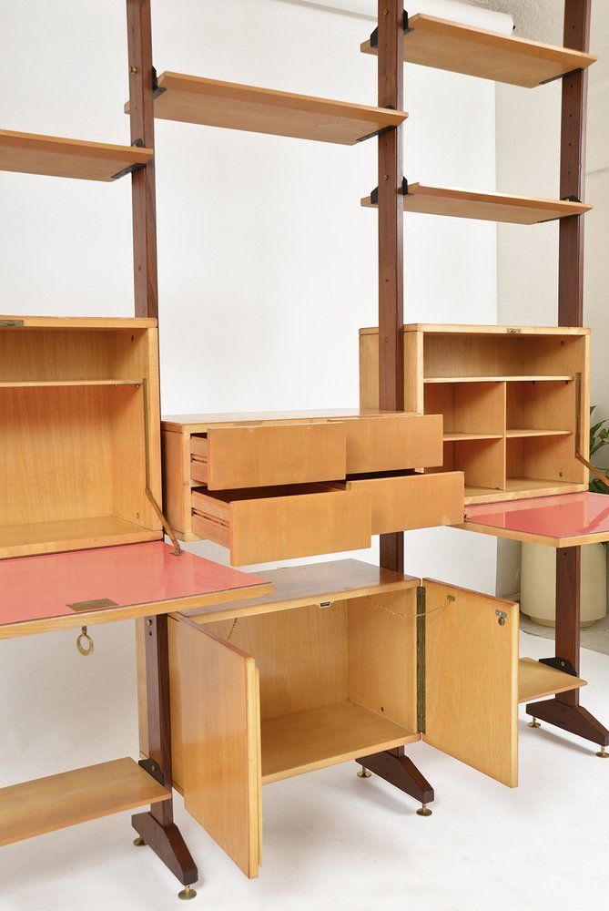 Large Mid-Century Italian Teak & Maple Freestanding Shelving System ...