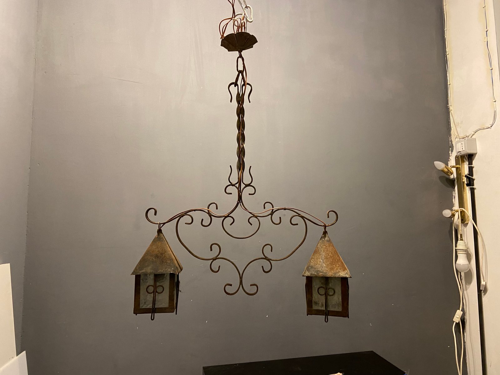 Antique Wrought Iron Pendant Light, 1940s for sale at Pamono
