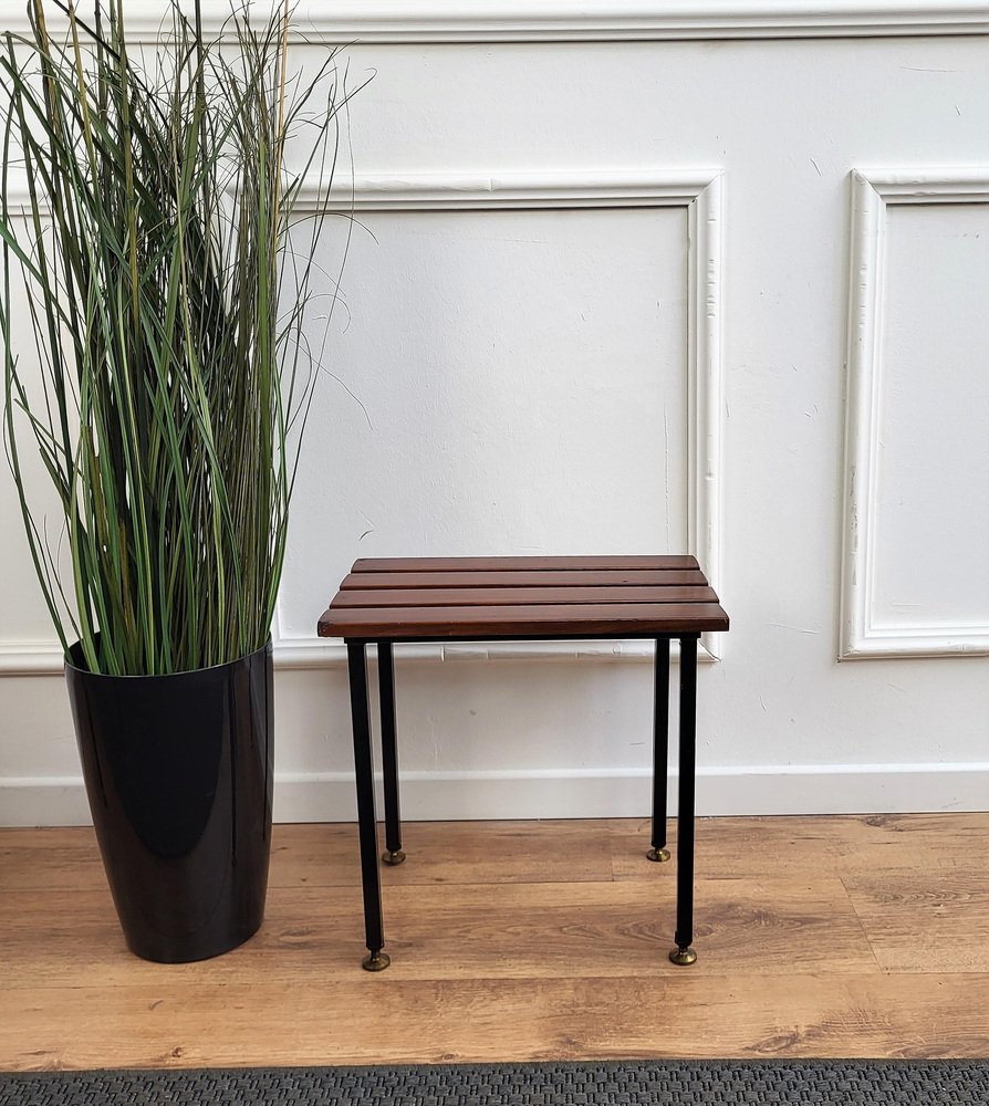 Mid-Century Modern Italian Metal Base Brass Feet Wooden Slat Stool ...