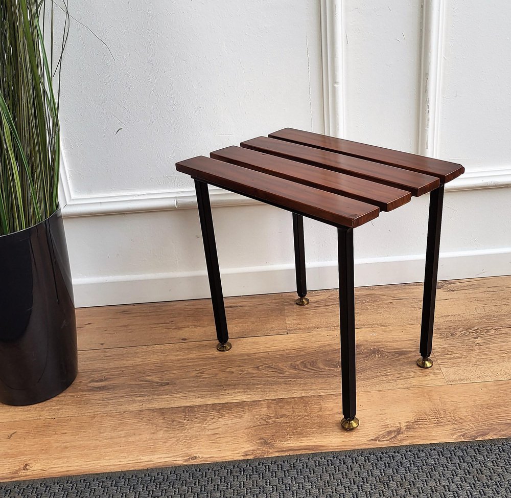 Mid-Century Modern Italian Metal Base Brass Feet Wooden Slat Stool ...