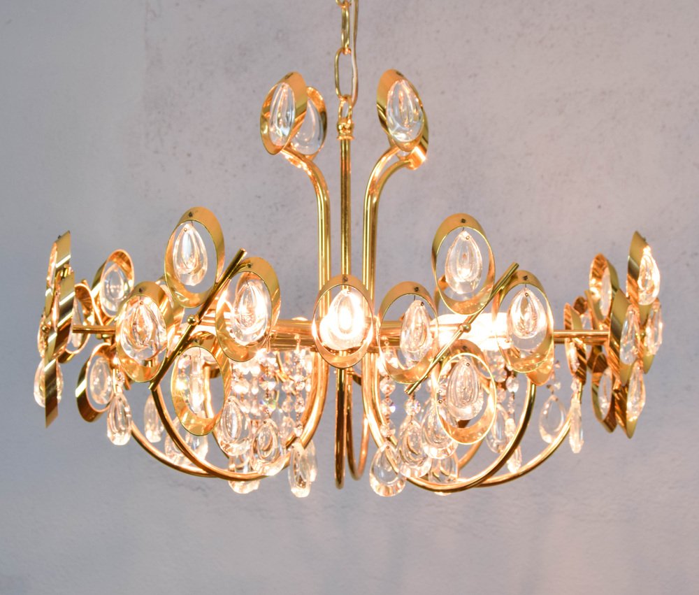 Lustre Hollywood Regency Mid-Century en Laiton Doré et Cristal de Palwa ...