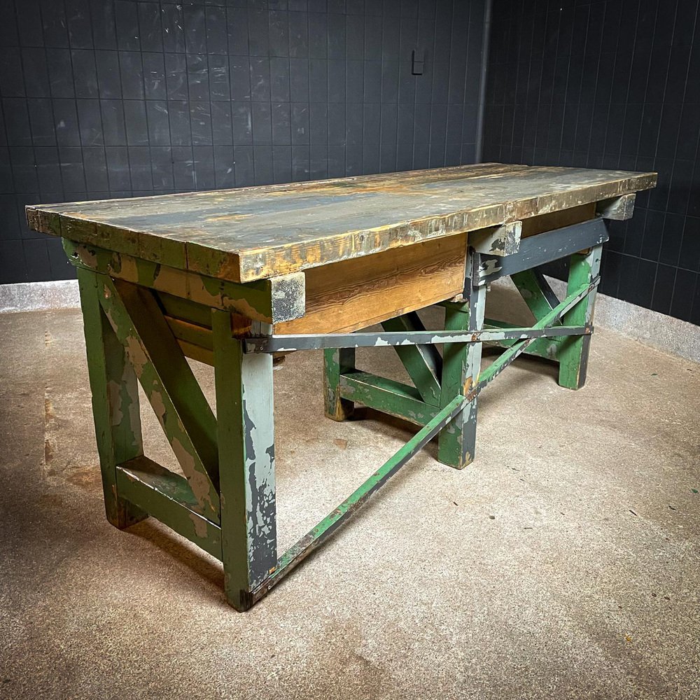 Industrial Green Wooden Workbench for sale at Pamono
