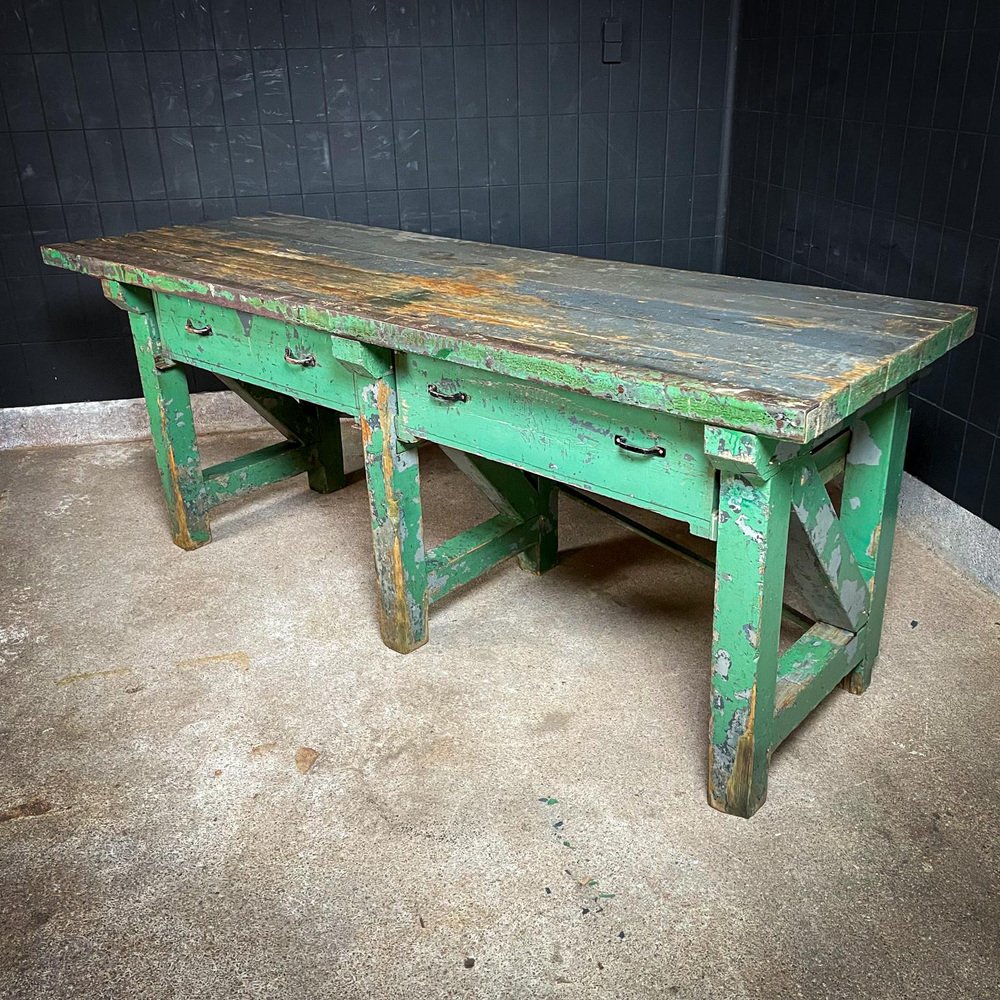 Industrial Green Wooden Workbench for sale at Pamono