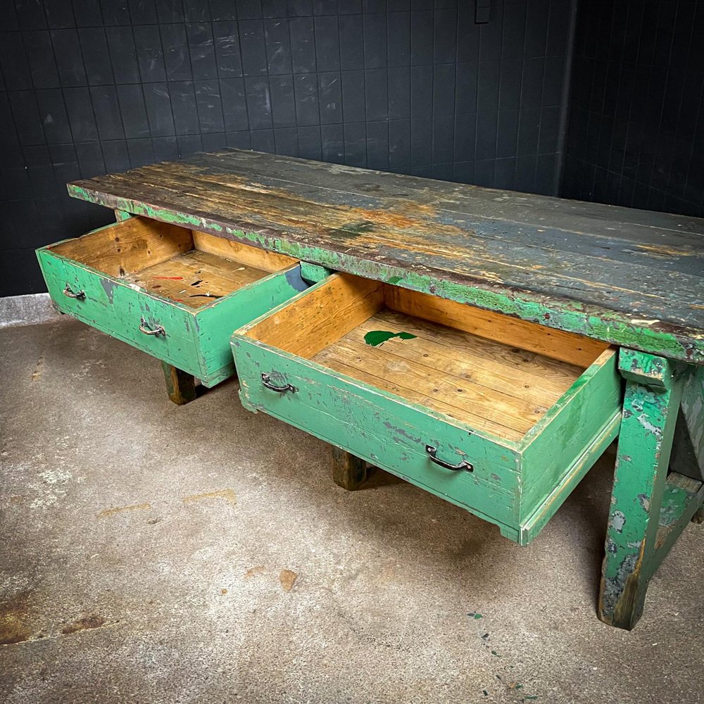 Industrial Green Wooden Workbench for sale at Pamono