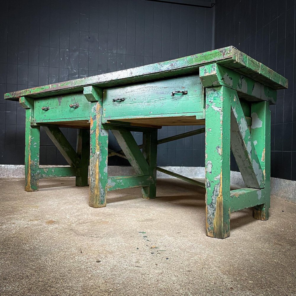 Industrial Green Wooden Workbench for sale at Pamono