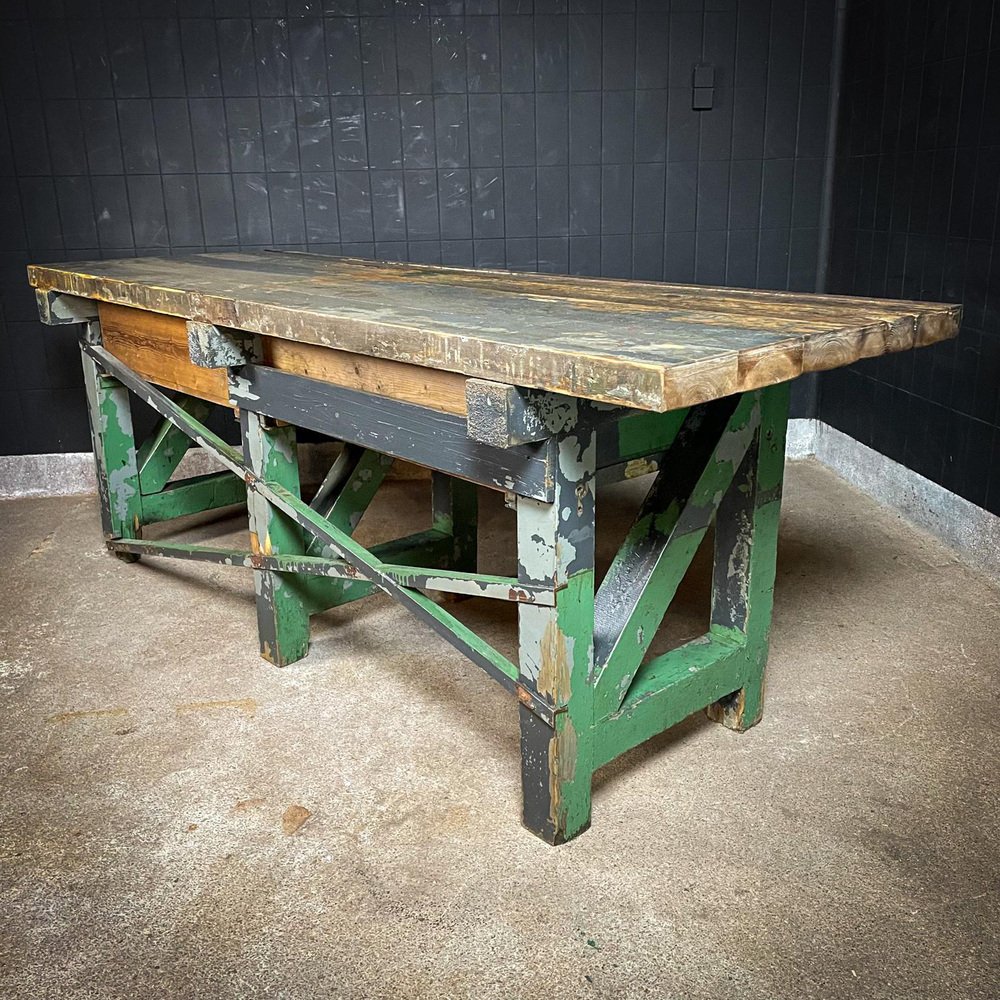 Industrial Green Wooden Workbench for sale at Pamono