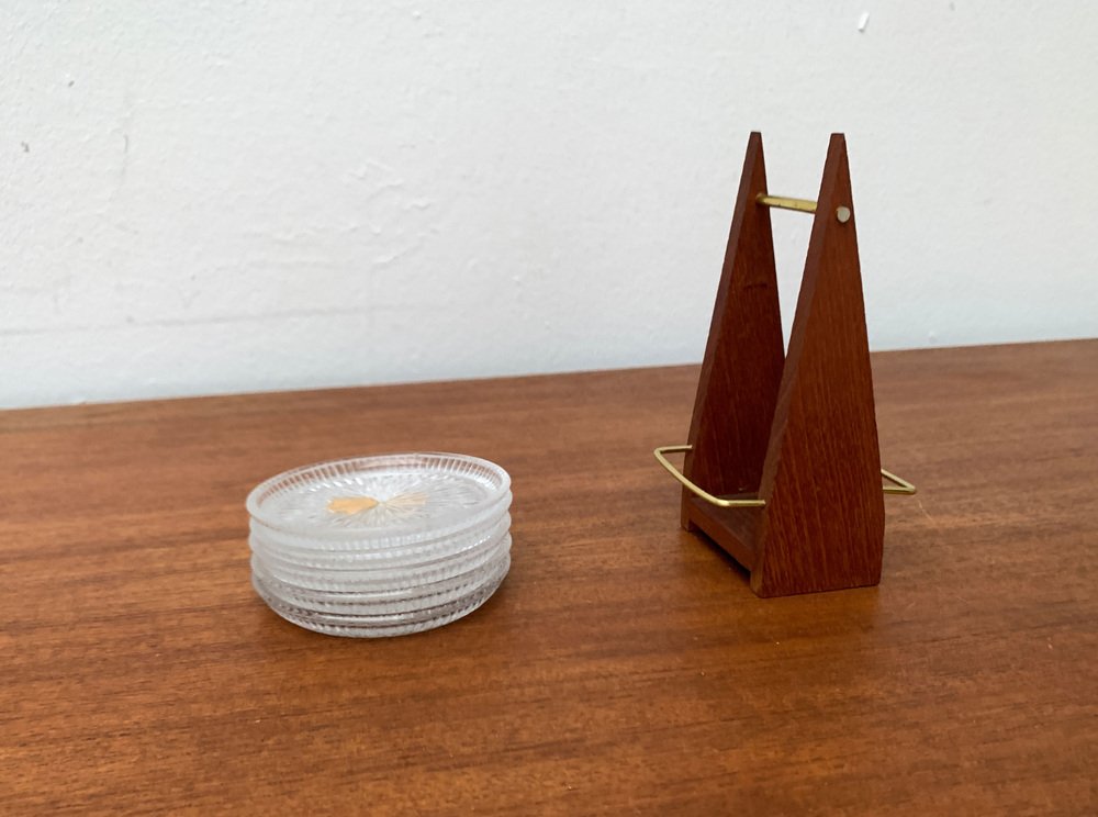 Mid-Century German Lead Crystal Glass Coasters in Teak Tray, 1960s, Set ...
