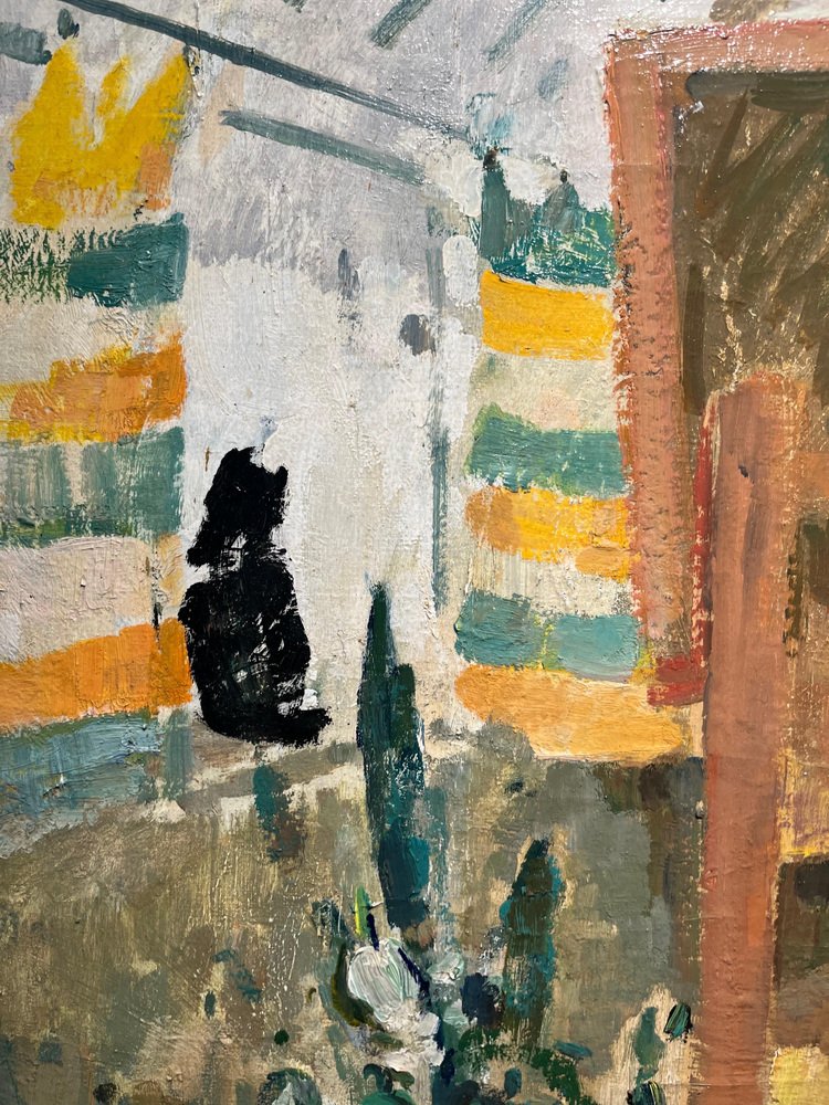 Gleb Savinov, Studio Interior with Black Cat, 1980s, Oil for sale at Pamono