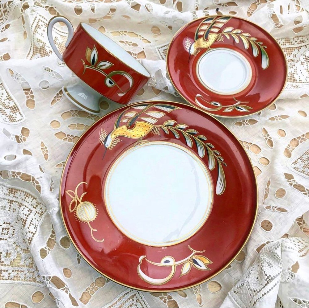 Vintage Porcelain Tea Trio Set from Goldrelief, GDR, Set of 3 for sale at Pamono