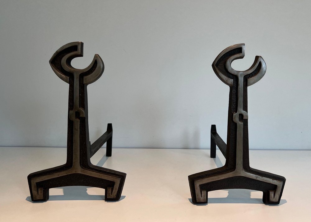 Modern Cast Iron and Wrought Iron Andirons, 1950s, Set of 2 for sale at ...