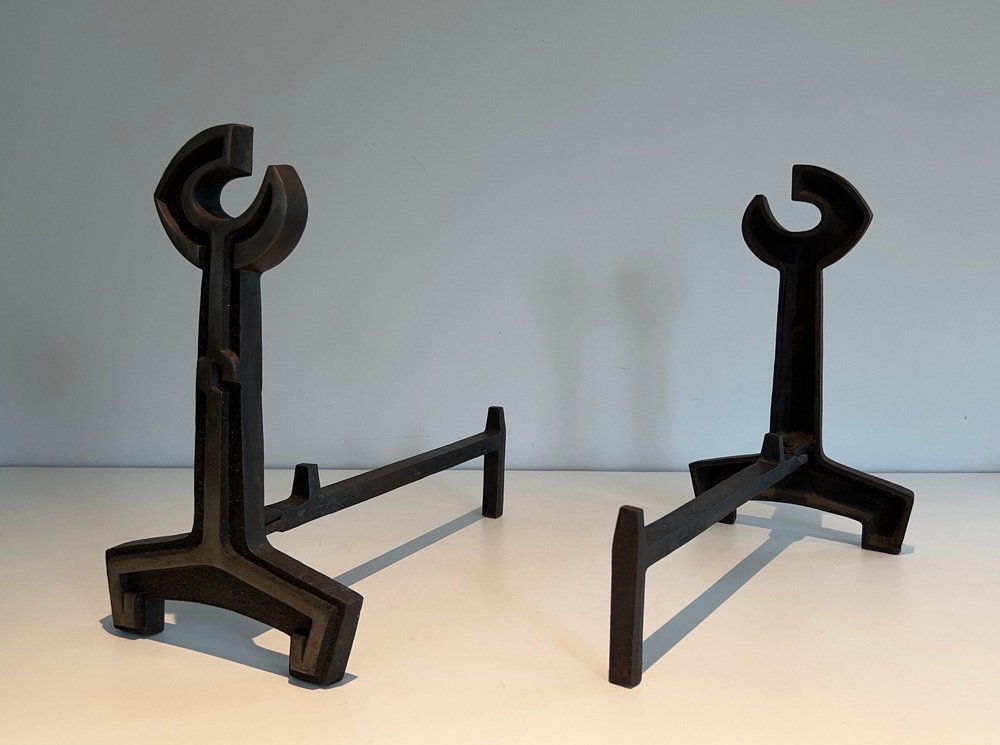 Modern Cast Iron and Wrought Iron Andirons, 1950s, Set of 2 for sale at ...