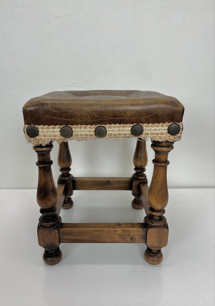 Mid-Century Oak and Leather Stool in Spanish Style, 1970s for sale at ...