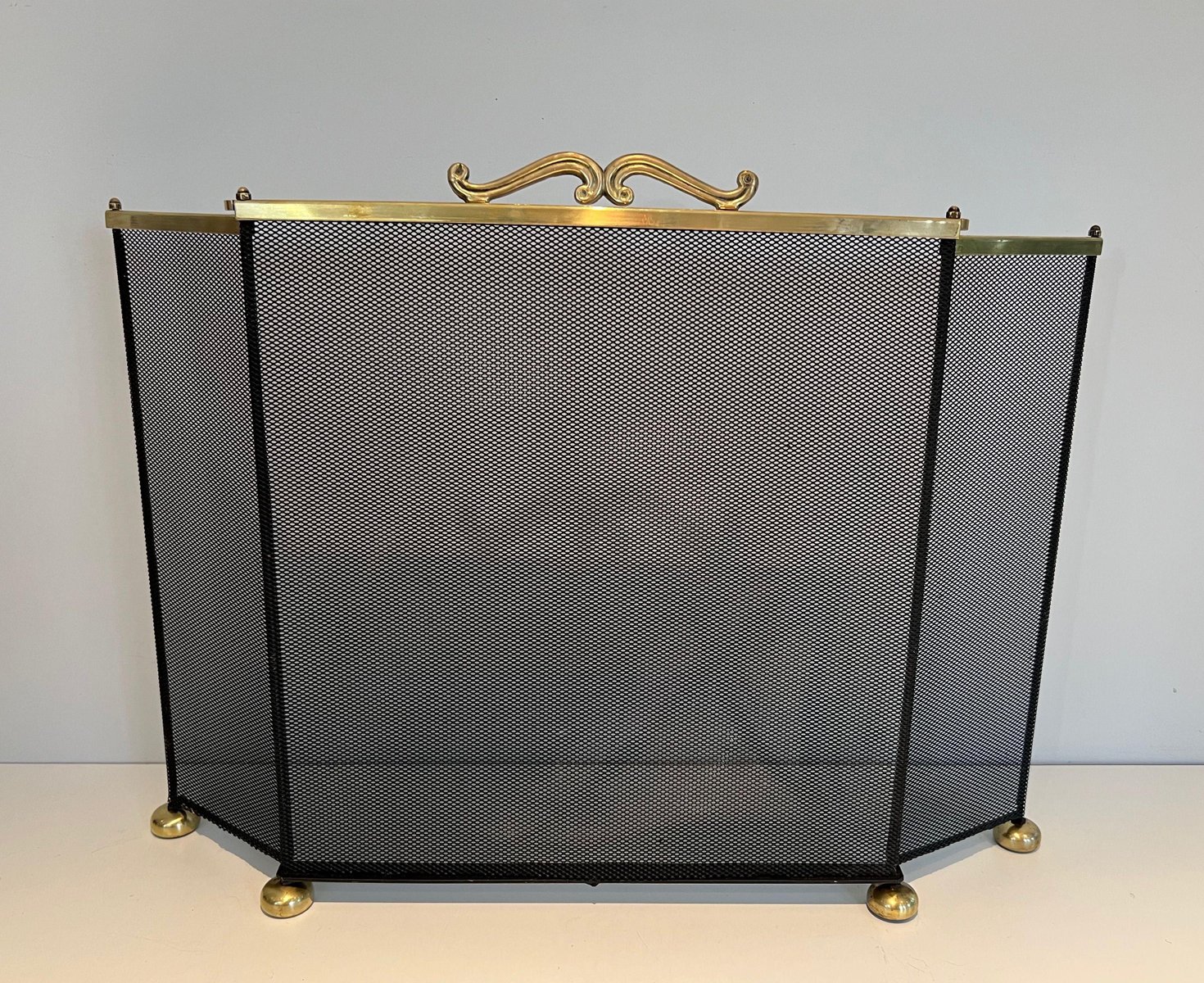 Brass and Mesh Fire Screen, 1970s for sale at Pamono
