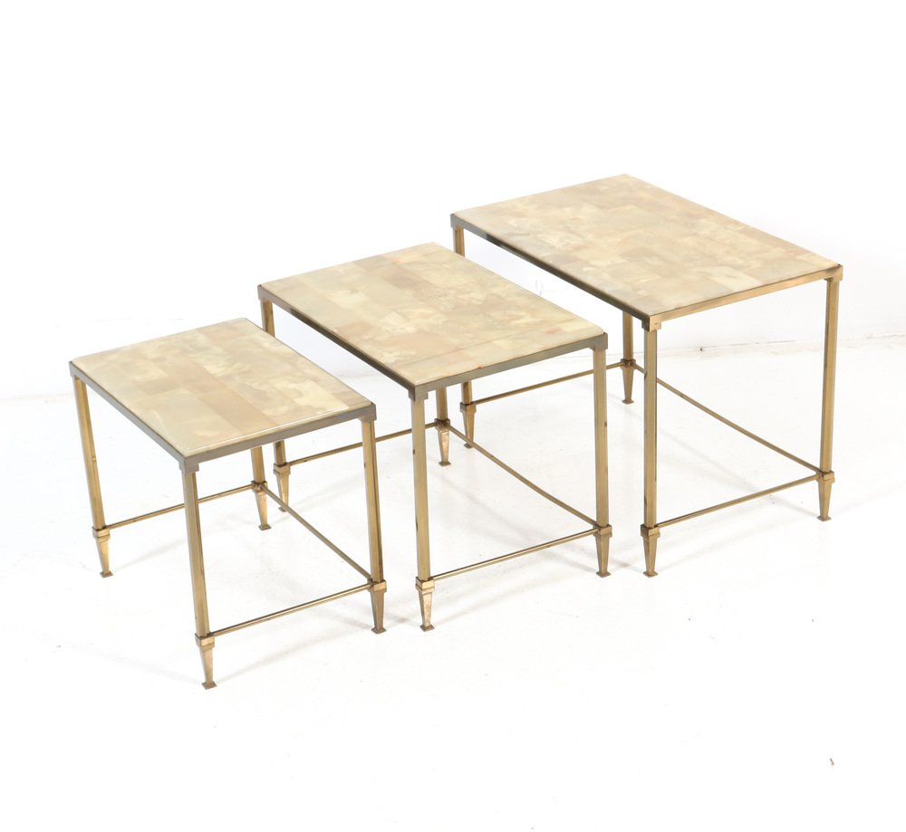 Hollywood Regency Gilt Brass Nesting Tables with Alabaster Tops, 1970s ...