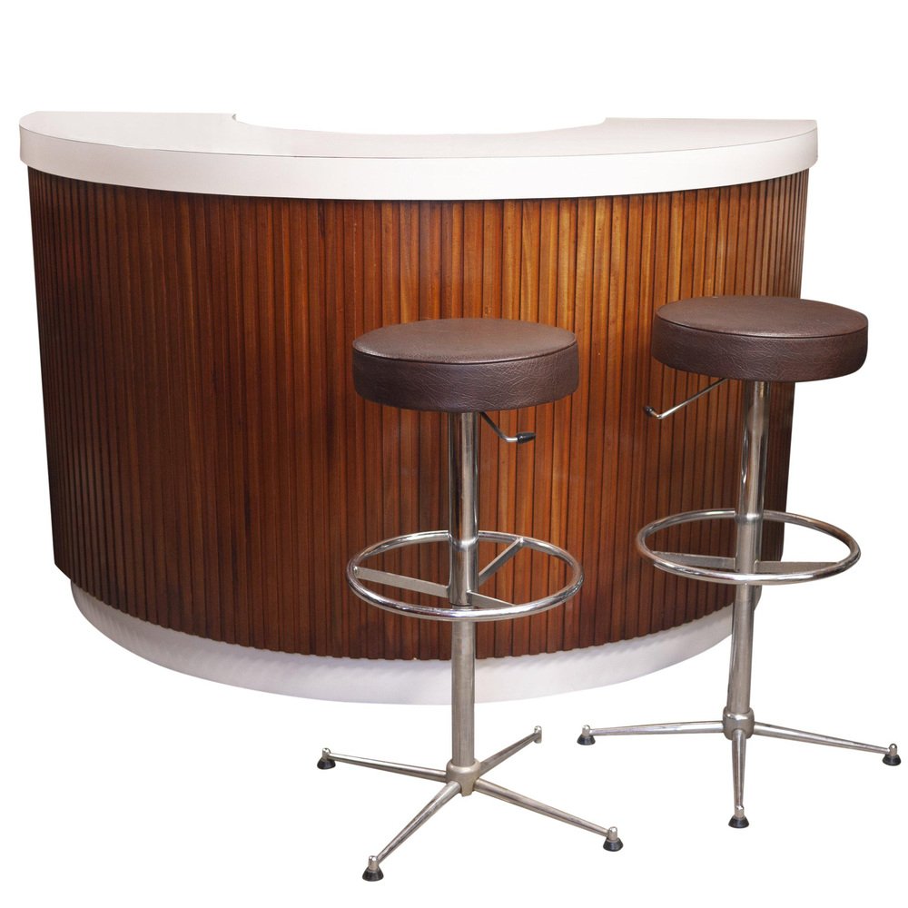 Vintage Semi Circle Wooden Slatted Bar with 3 Bar Stools, 1980s, Set of ...