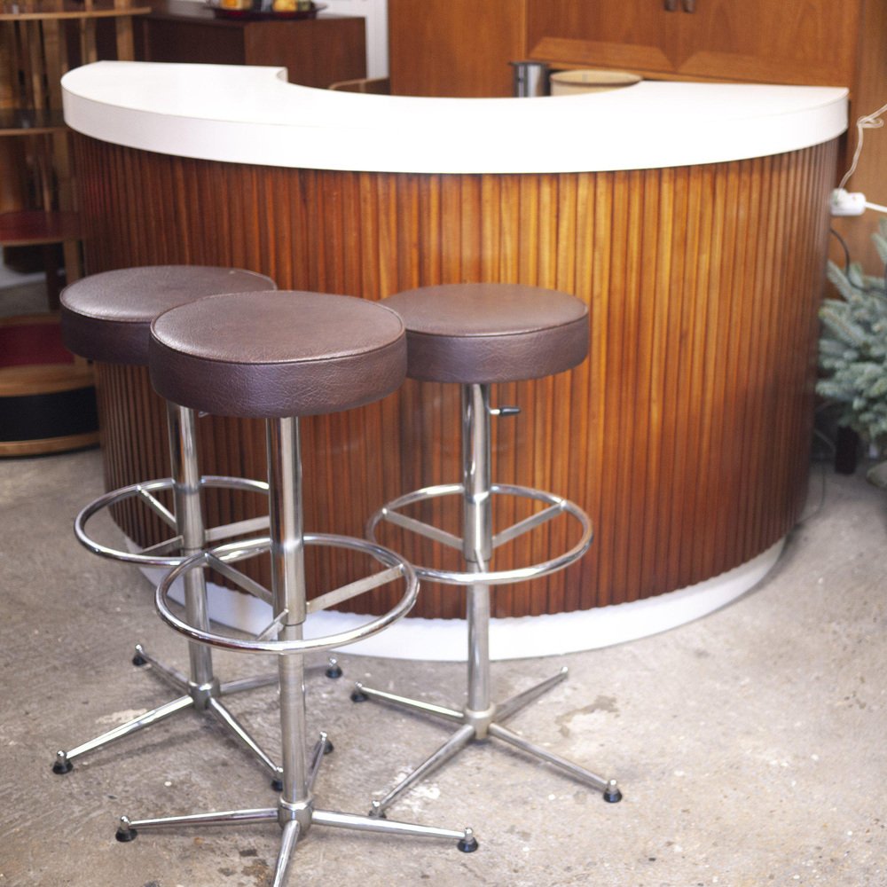 Vintage Semi Circle Wooden Slatted Bar with 3 Bar Stools, 1980s, Set of ...