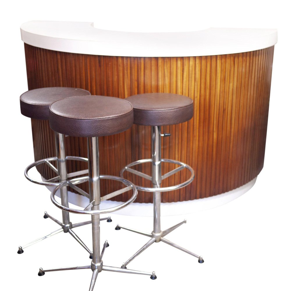 Vintage Semi Circle Wooden Slatted Bar with 3 Bar Stools, 1980s, Set of ...