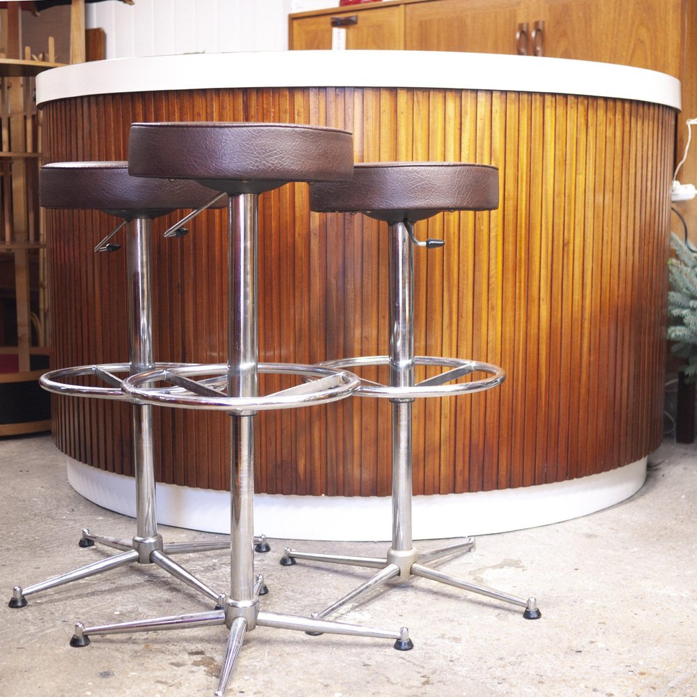 Vintage Semi Circle Wooden Slatted Bar with 3 Bar Stools, 1980s, Set of ...