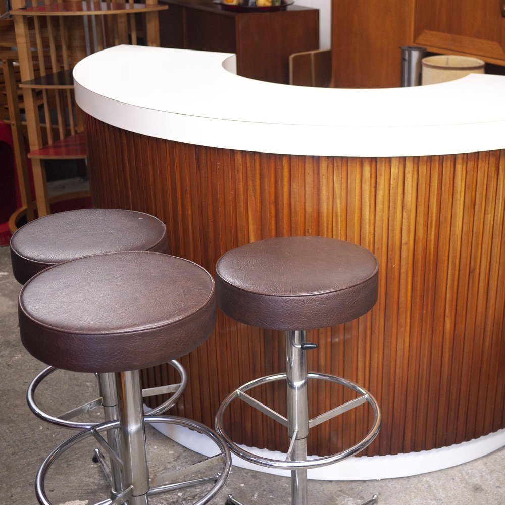 Vintage Semi Circle Wooden Slatted Bar with 3 Bar Stools, 1980s, Set of ...