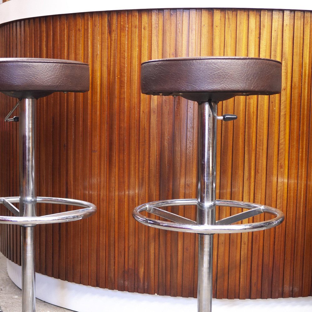 Vintage Semi Circle Wooden Slatted Bar with 3 Bar Stools, 1980s, Set of ...