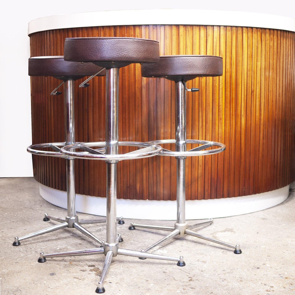 Vintage Semi Circle Wooden Slatted Bar with 3 Bar Stools, 1980s, Set of ...