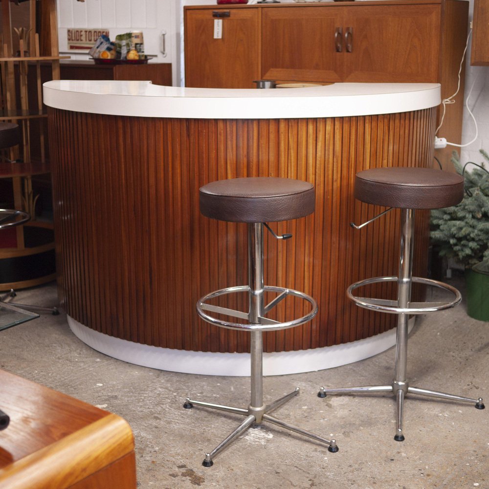 Vintage Semi Circle Wooden Slatted Bar with 3 Bar Stools, 1980s, Set of ...