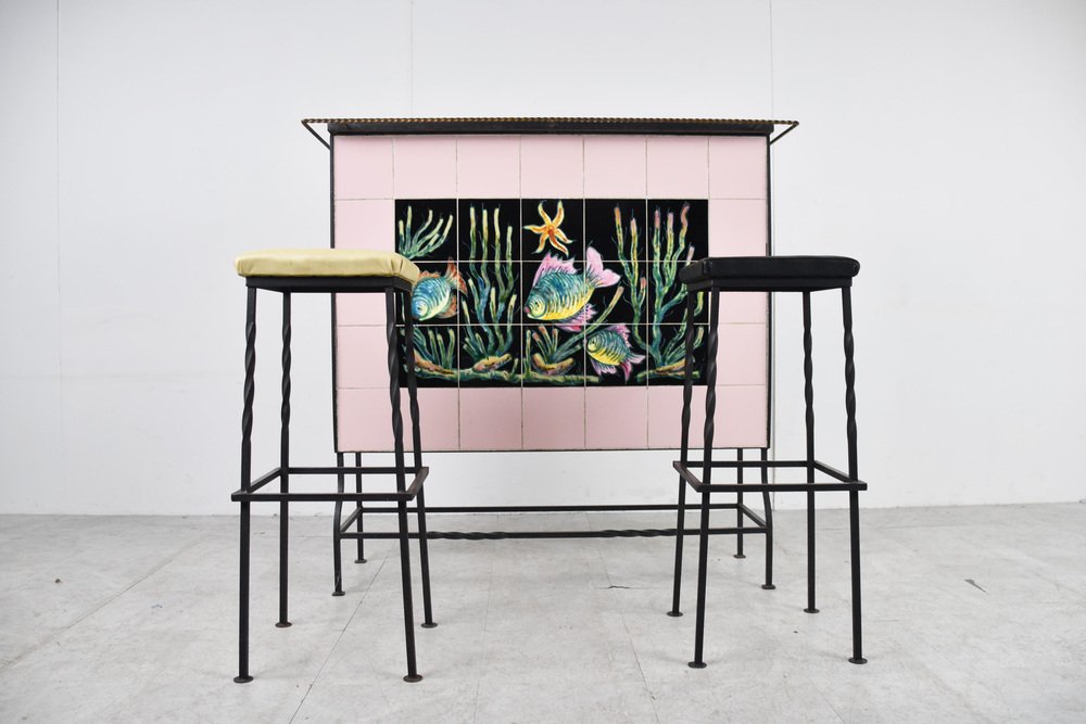 Mid-Century Bar Theke und Hocker, 1960er, 3er Set bei Pamono kaufen