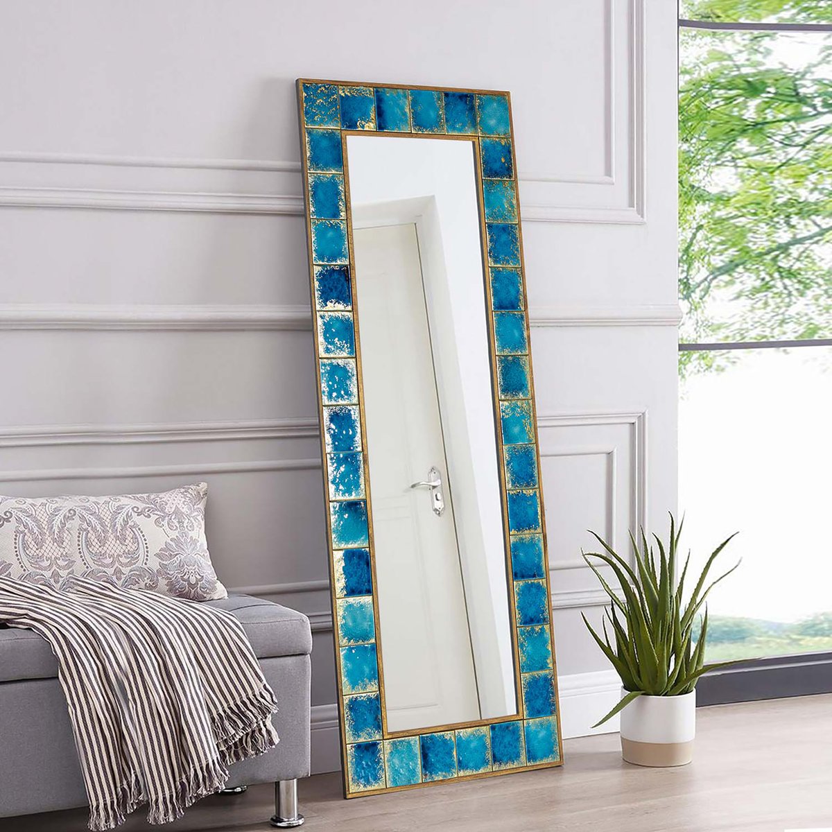 Turkish Handmade Napoli Tile Travertine Mirror, 2010s for sale at Pamono