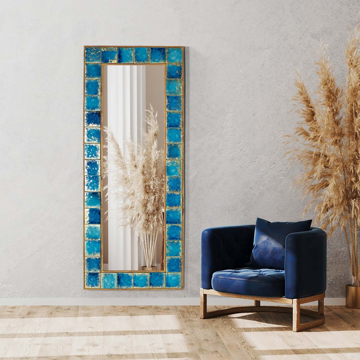 Turkish Handmade Napoli Tile Travertine Mirror, 2010s for sale at Pamono